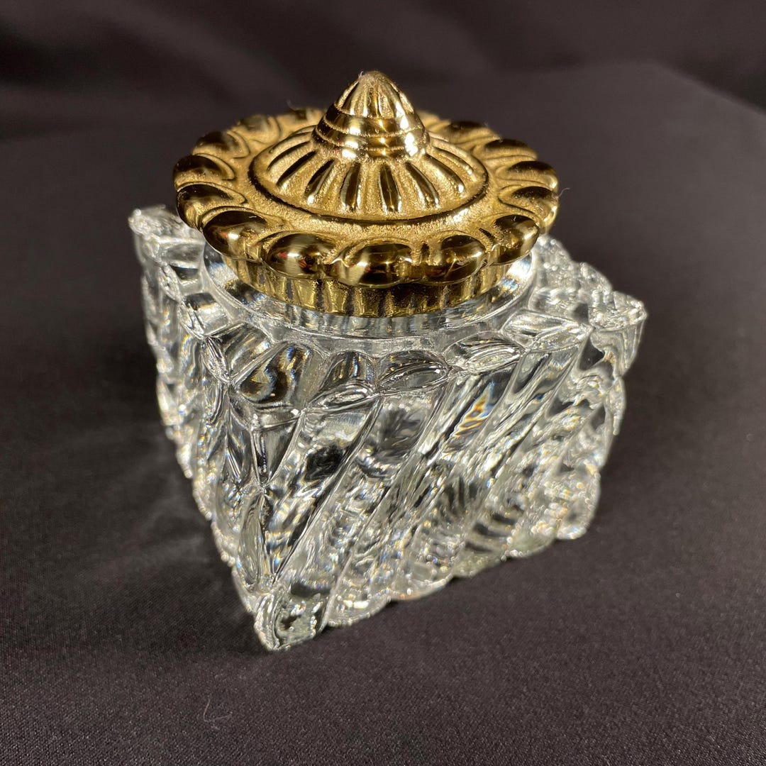 Crystal Cube Inkwell W/ Ornate Brass Lid Swirl Cut Pattern on Glass ...