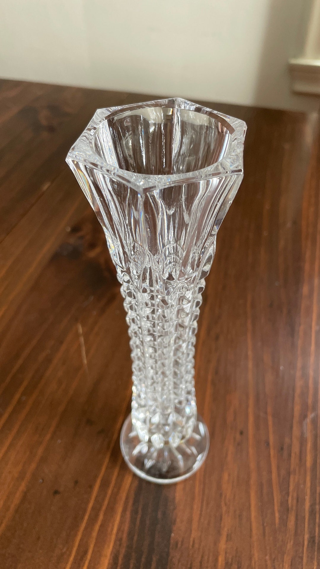 Crystal Bud Vase - 8.5” Tall, Waffle Pattern, Hexagon Shape With Circle ...