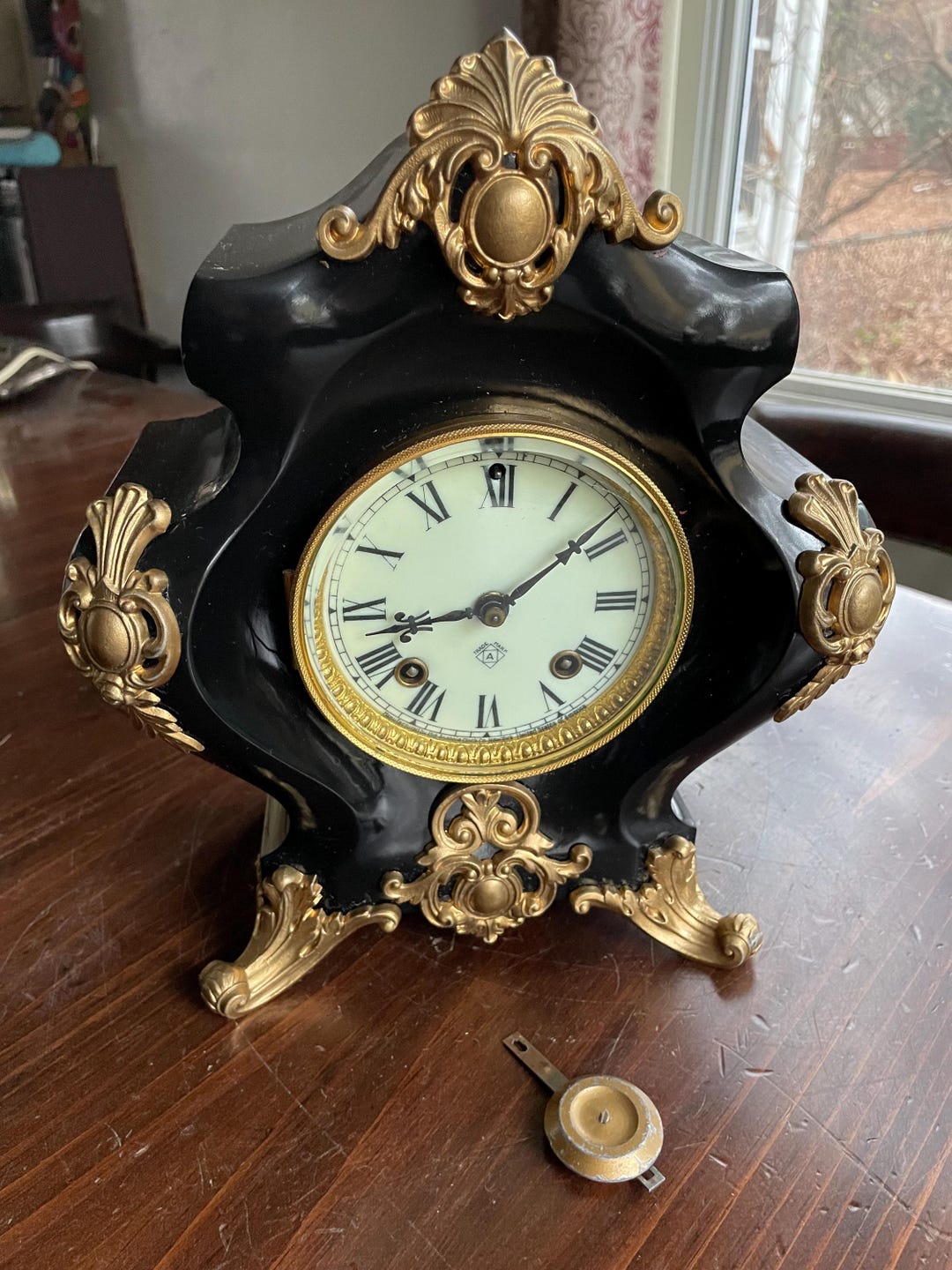1880s Ansonia Monaco Iron Mantel Clock Porcelain Dial, Pendulum ...