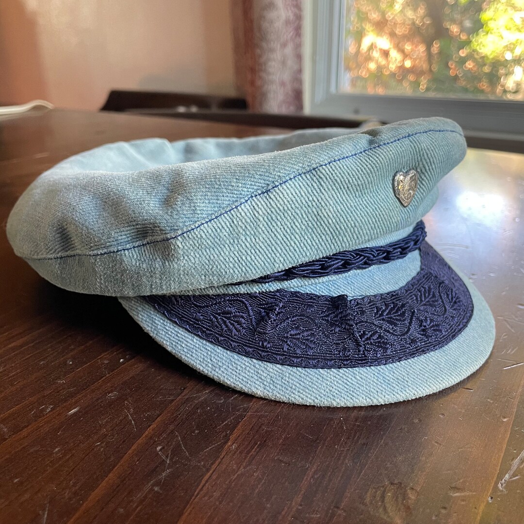 Vintage Aegean Greek Fisherman's Cap Denim Boat Hat W/ Dragon Heart Pin ...