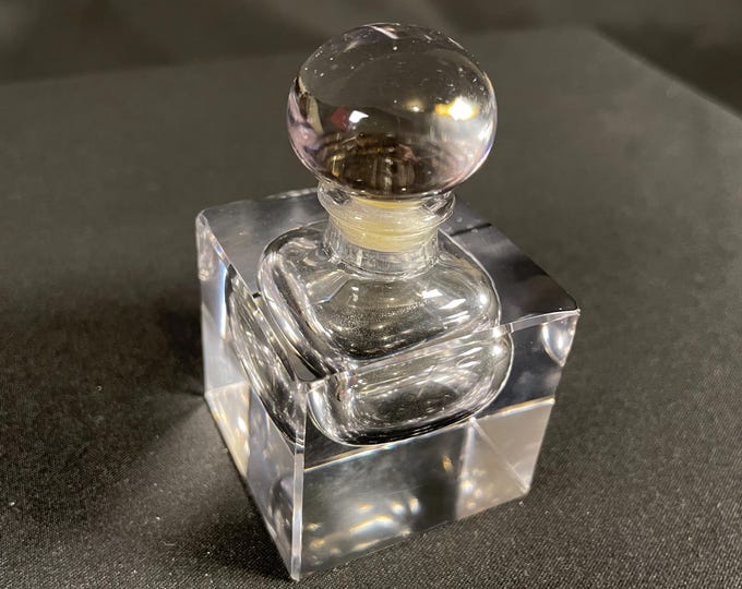 Small Thick Glass Cube-shaped Inkwell or Perfume Bottle W/ Glass Bulb ...