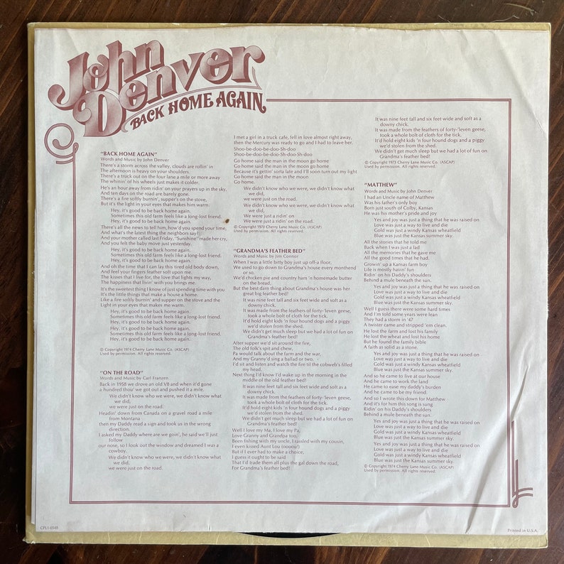 John Denver — Back Home Again — Vinyl LP Record Gatefold — 1974 — RCA ...