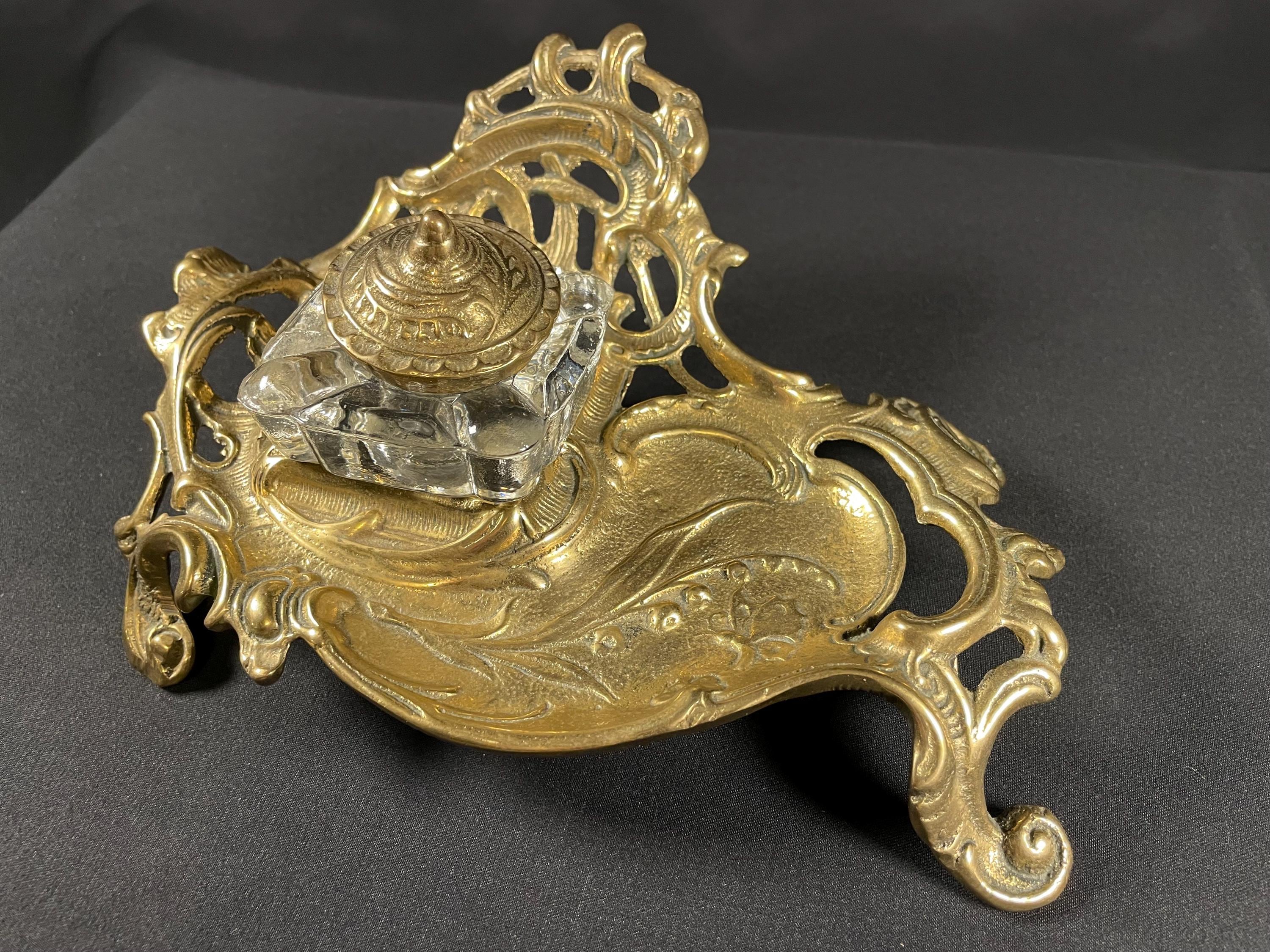 Vintage Andrea by Sadek Art Nouveau Style Solid Brass Footed Inkwell W ...