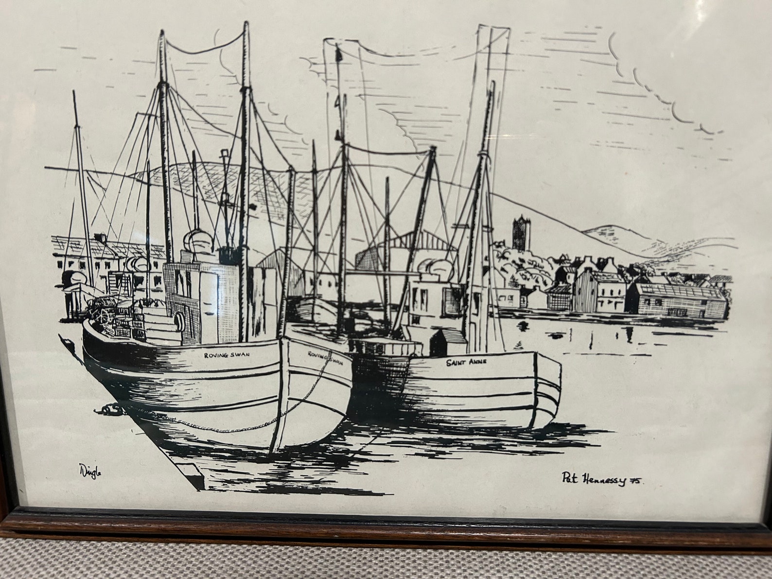 Vintage Dingle Harbor Art: Pen and Ink Sailboat Drawing, Ireland, 1975 ...