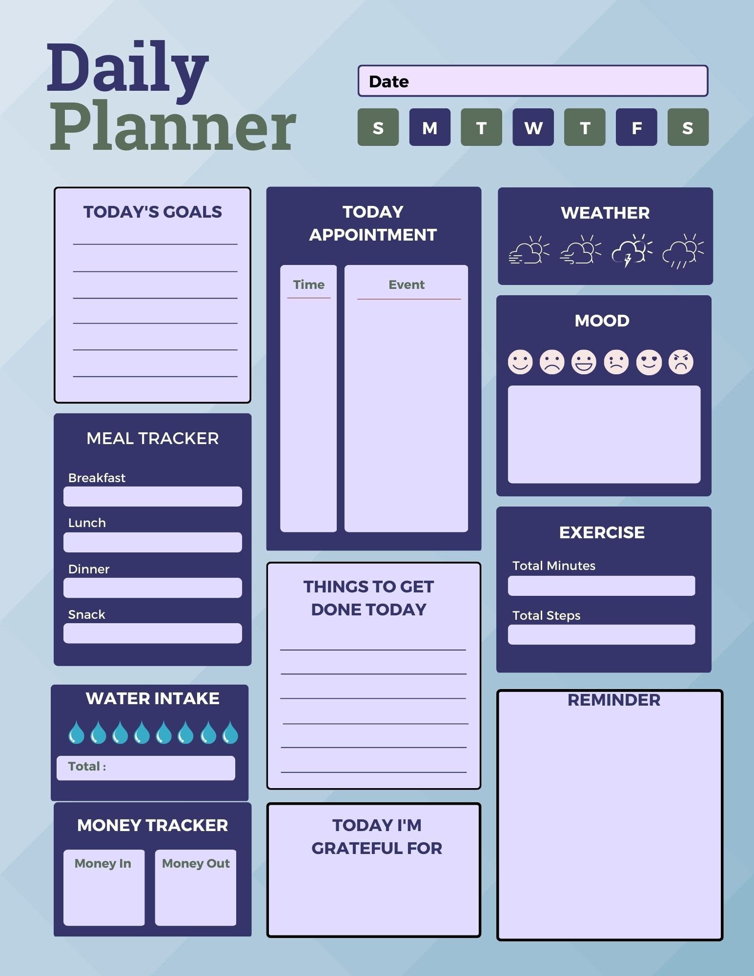 Printable Digital Daily Planner Day Organizer Goal Tracker Fitness ...