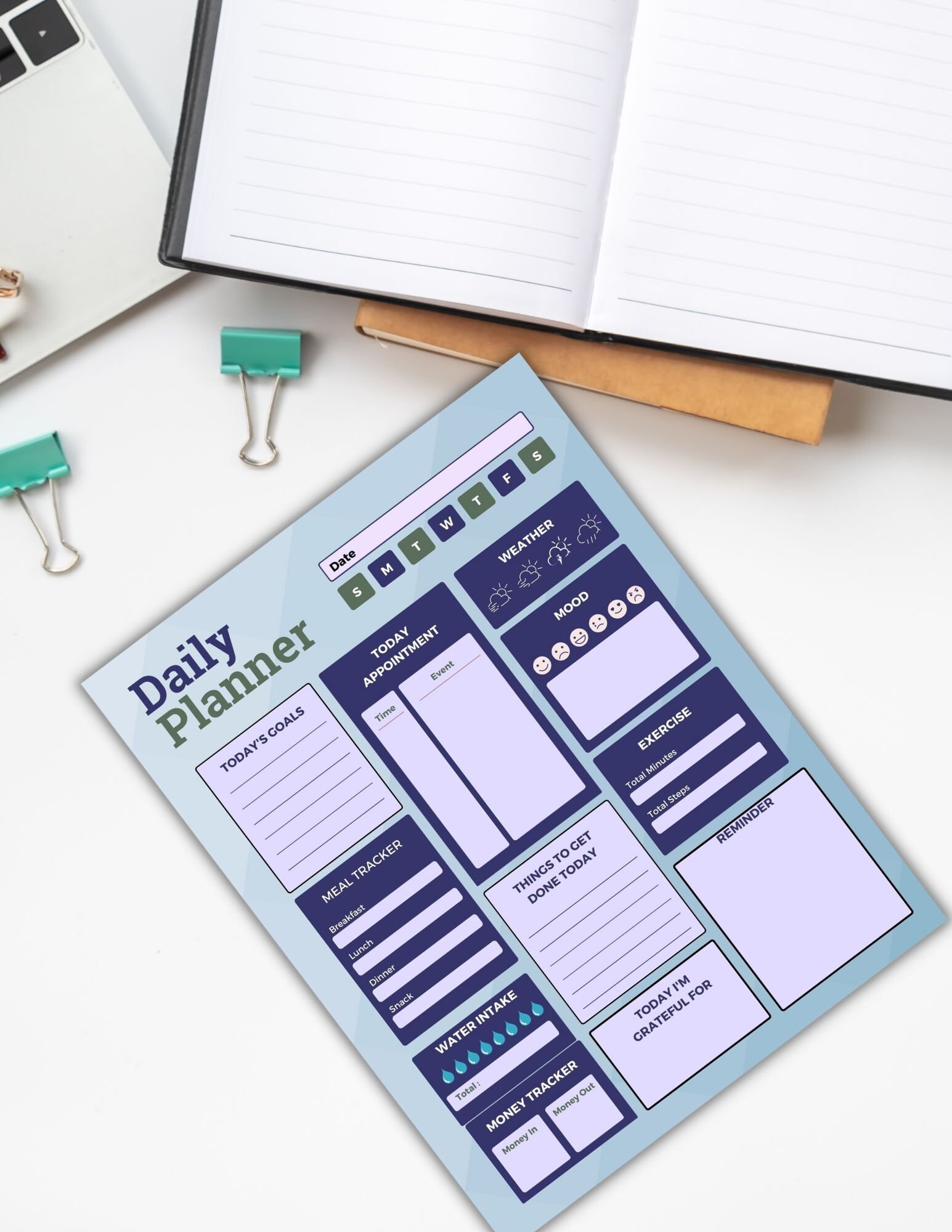 Printable Digital Daily Planner Day Organizer Goal Tracker Fitness ...