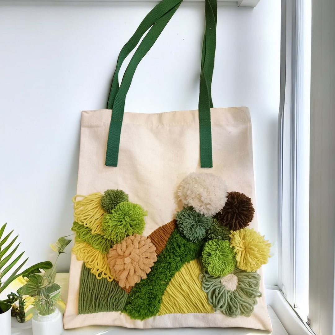 Tufted Punch Needle Tote Bag,moss Embroidered Market Bag,cotton Canvas ...