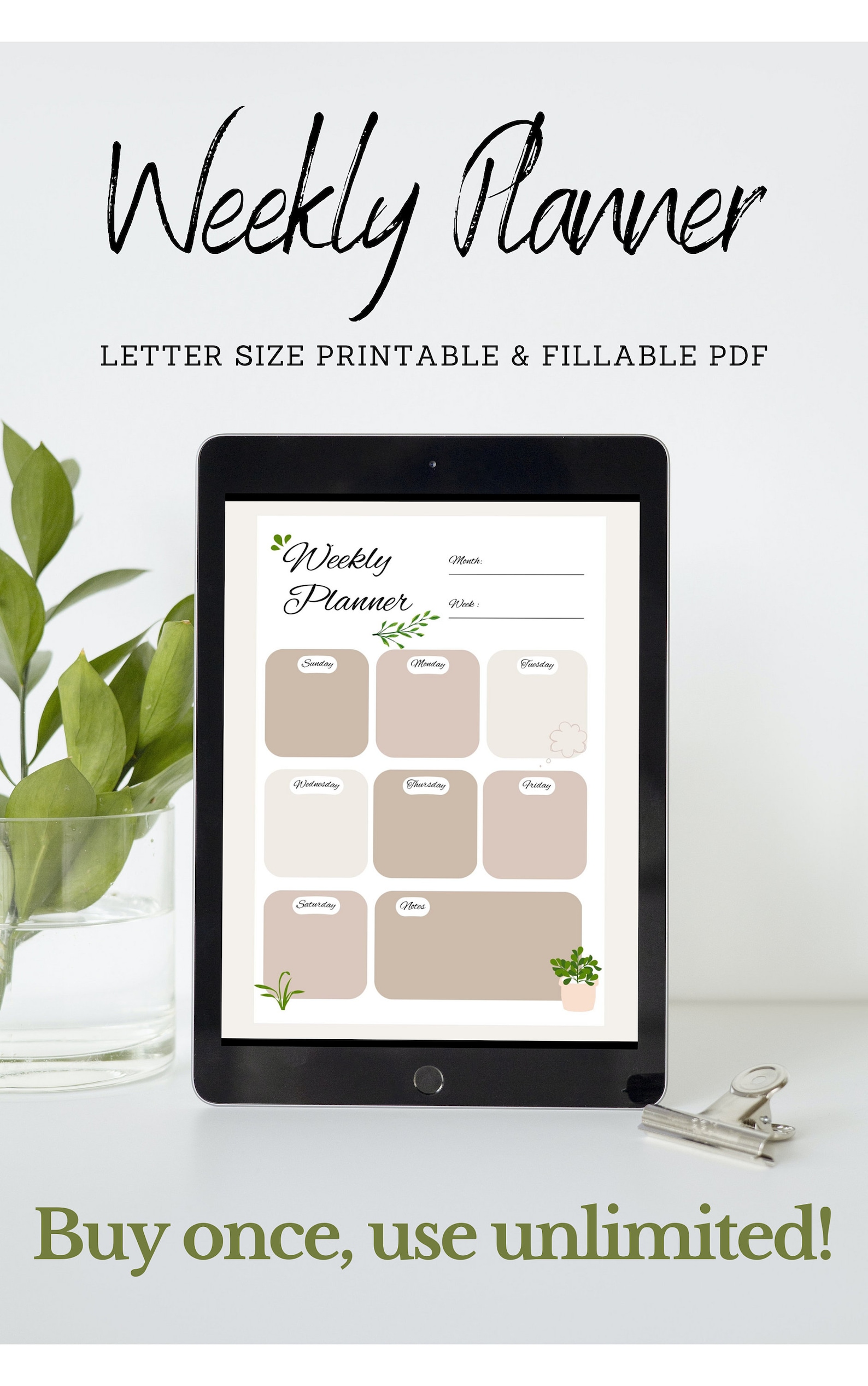 Weekly Digital Planner, Printable and Fillable Template, Weekly ...