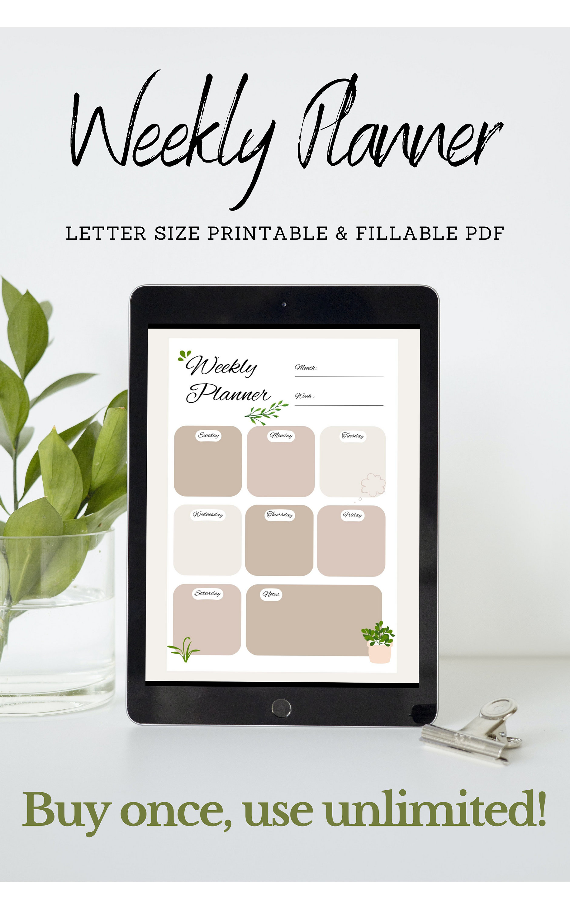 Weekly Digital Planner, Printable and Fillable Template, Weekly ...