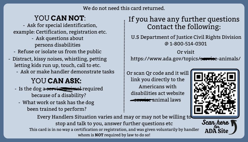 Digital, Printable ADA Handout Card for Working Dogs, Americans With ...