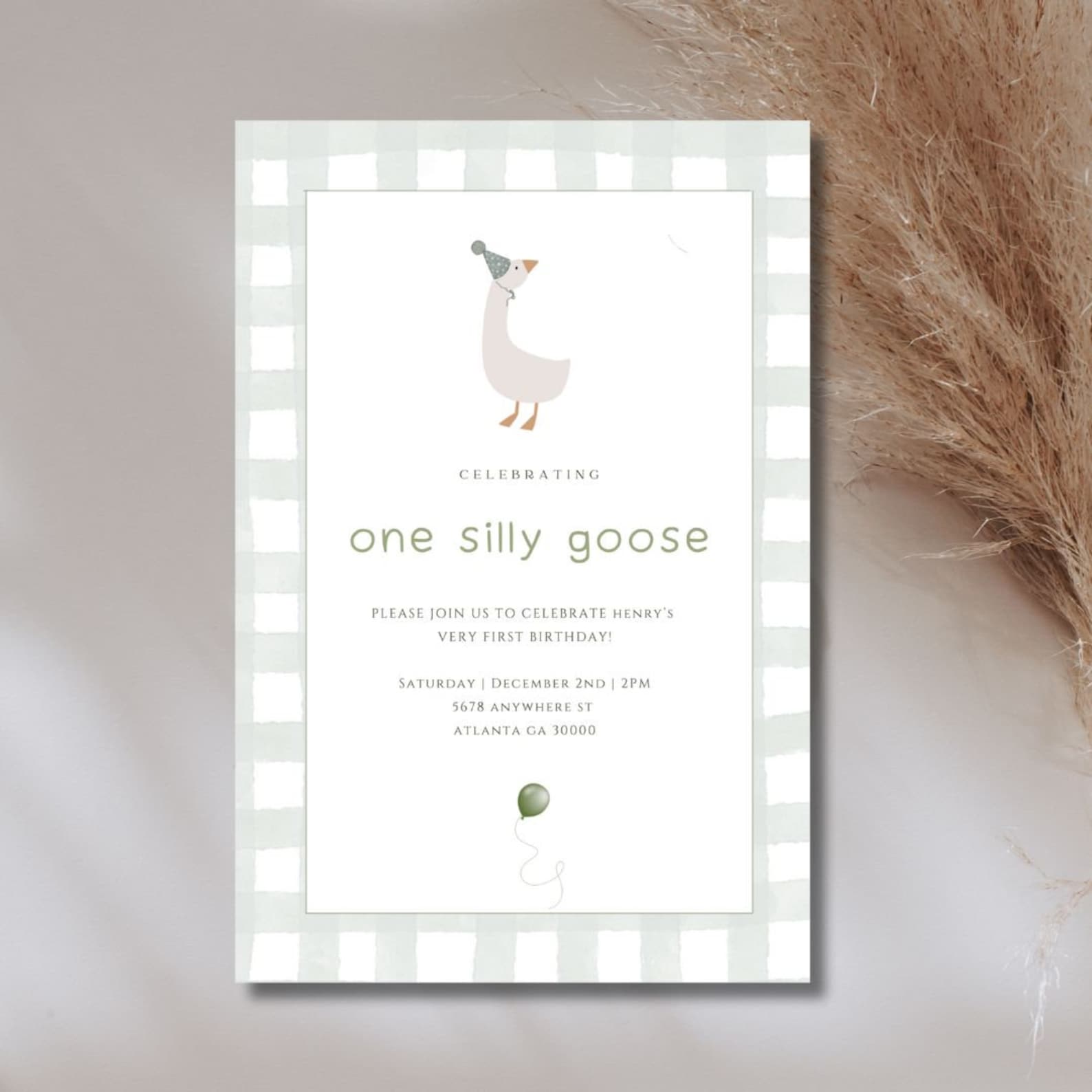 One Silly Goose Birthday Instant Invite | Green Gingham Border | Silly ...