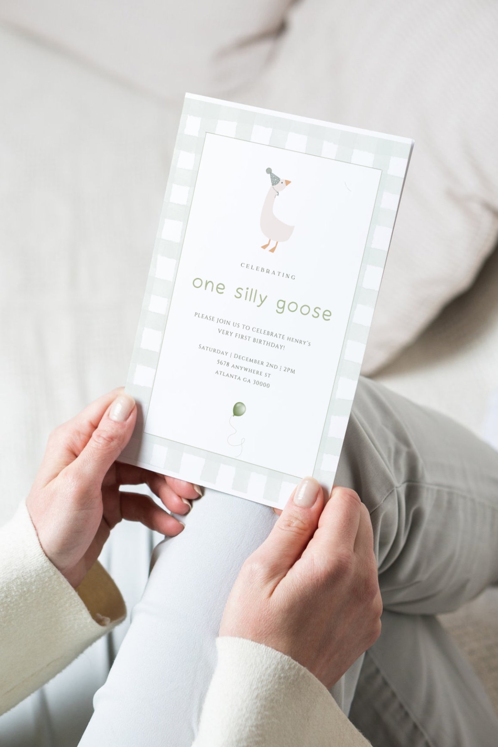 One Silly Goose Birthday Instant Invite | Green Gingham Border | Silly ...