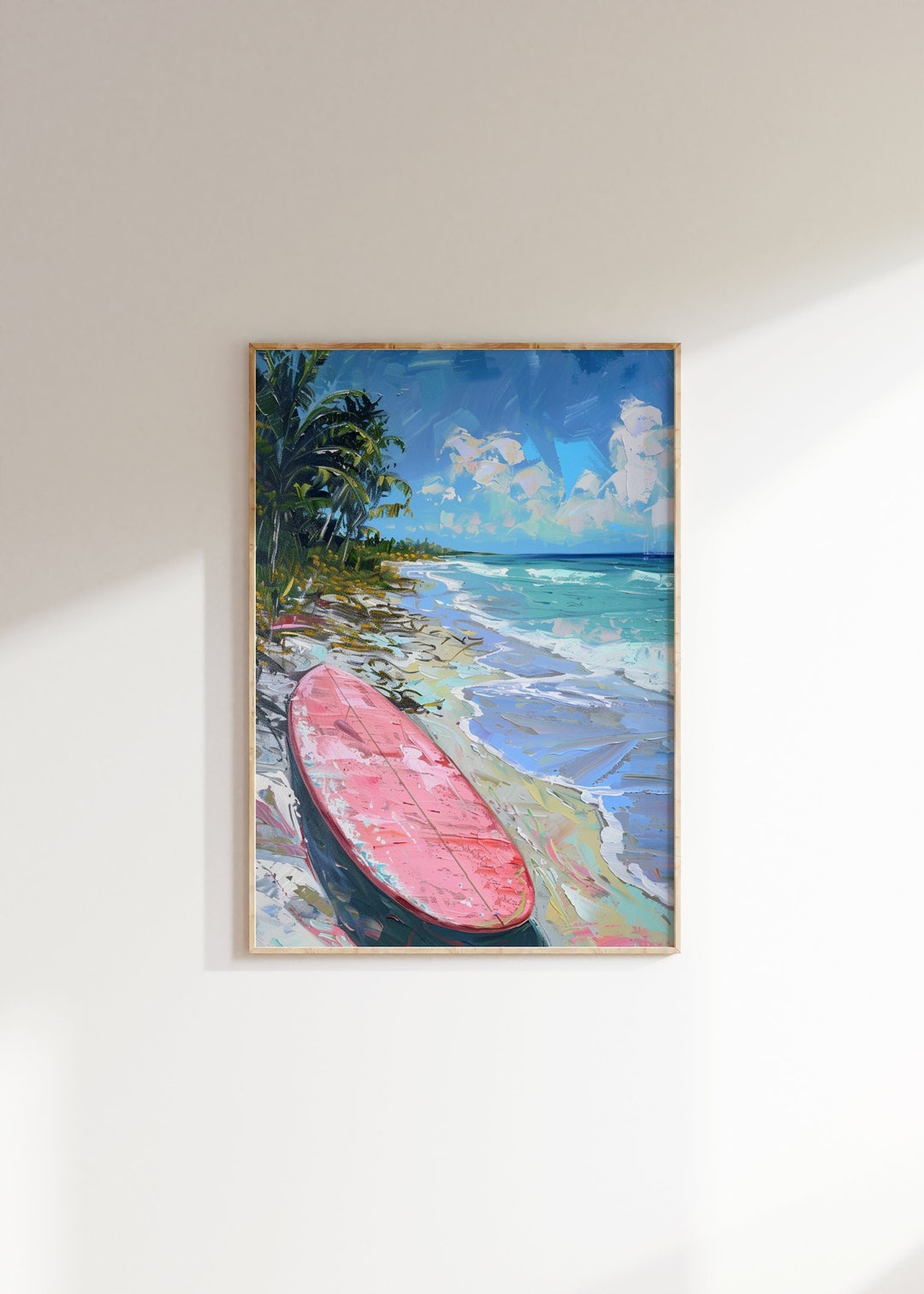 Pink Surfboard on Beach Painting Download, Coastal Surfer Surfing Wall ...