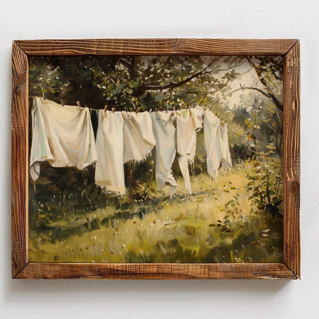 Vintage Laundry Room Art Download, Clothesline Oil Painting, Digital ...