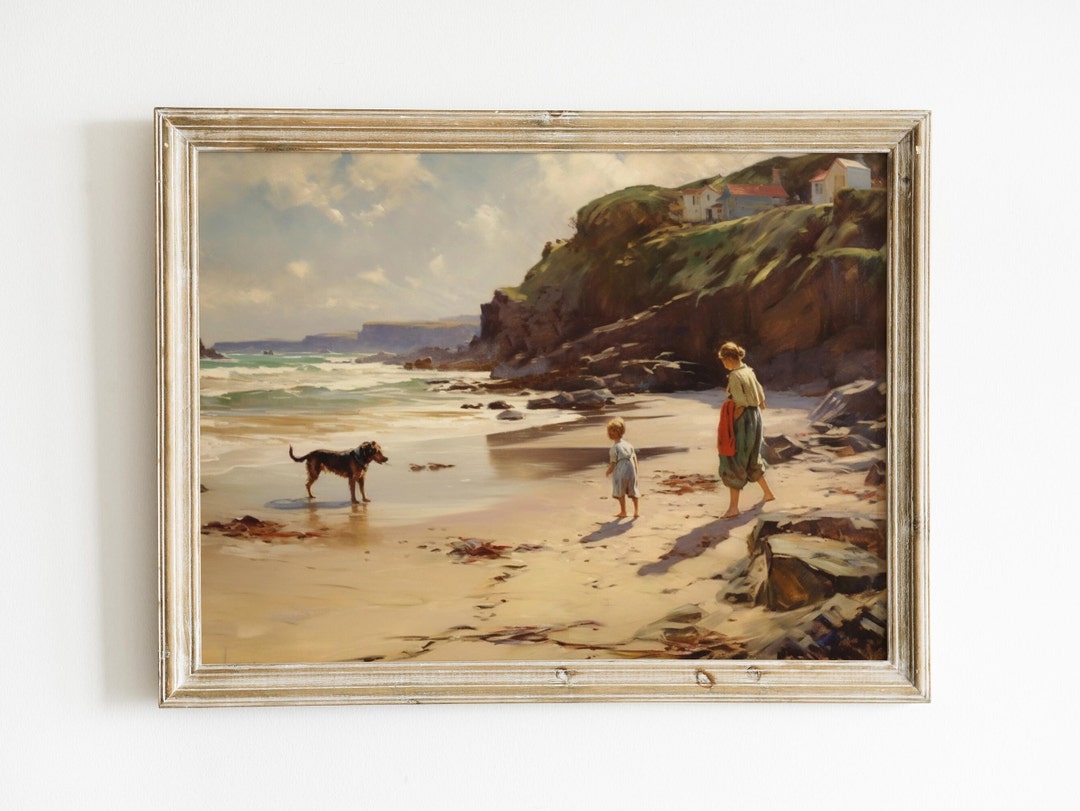 Vintage Beach Landscape Oil Painting Download | Seaside Shore Ocean ...