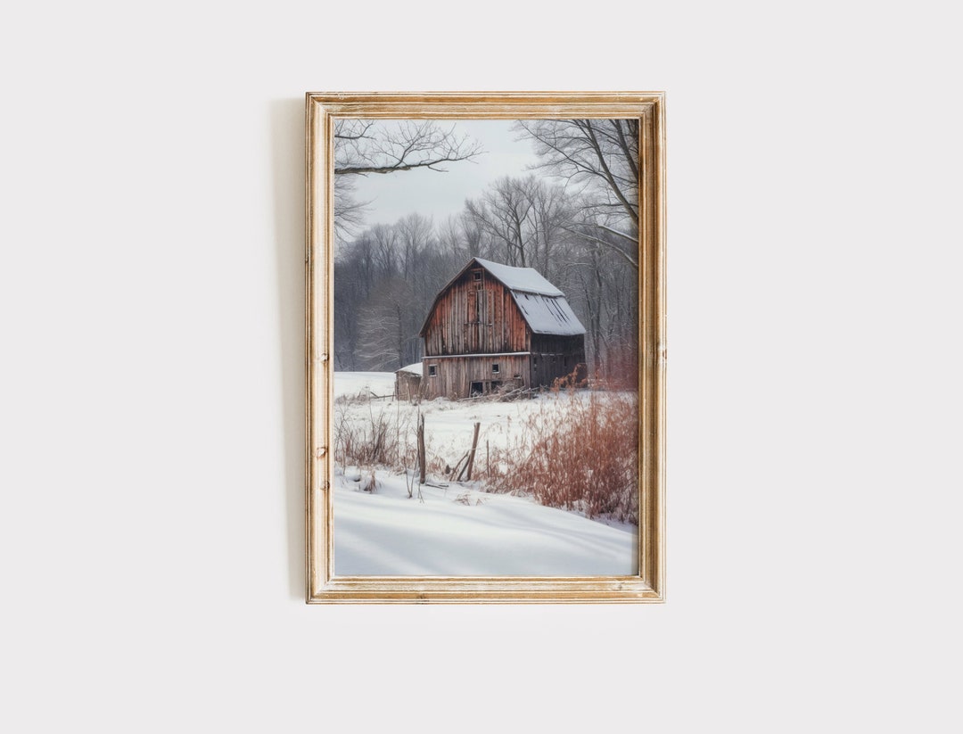 Vintage Winter Wall Art, Snowy Barn Painting Download, Printable ...