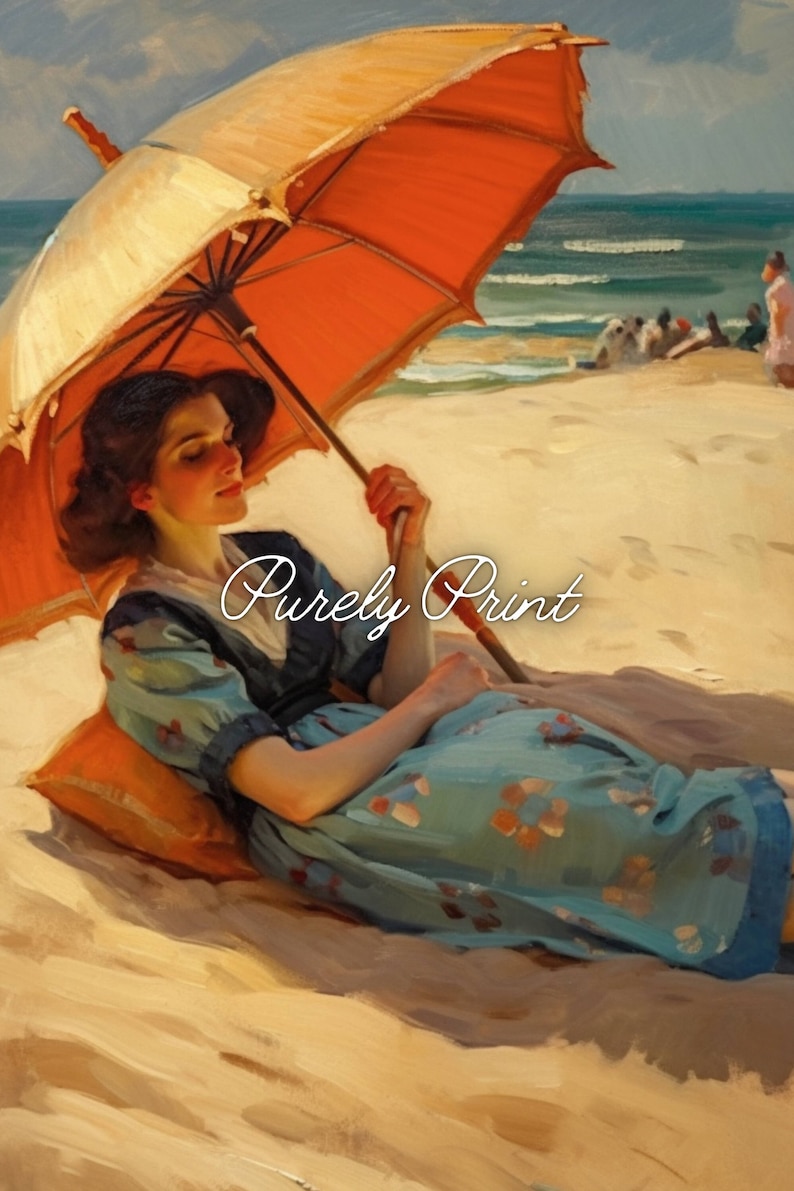 Vintage Beach Art Download Woman Under Umbrella Portrait Oil Painting ...