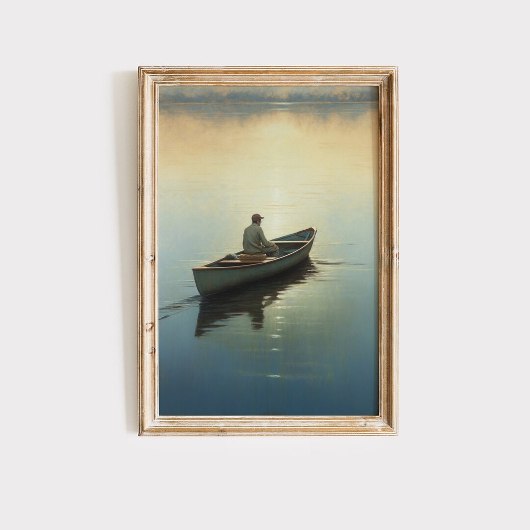 Vintage Fishing Painting Download Canoe Fisherman Digital - Etsy