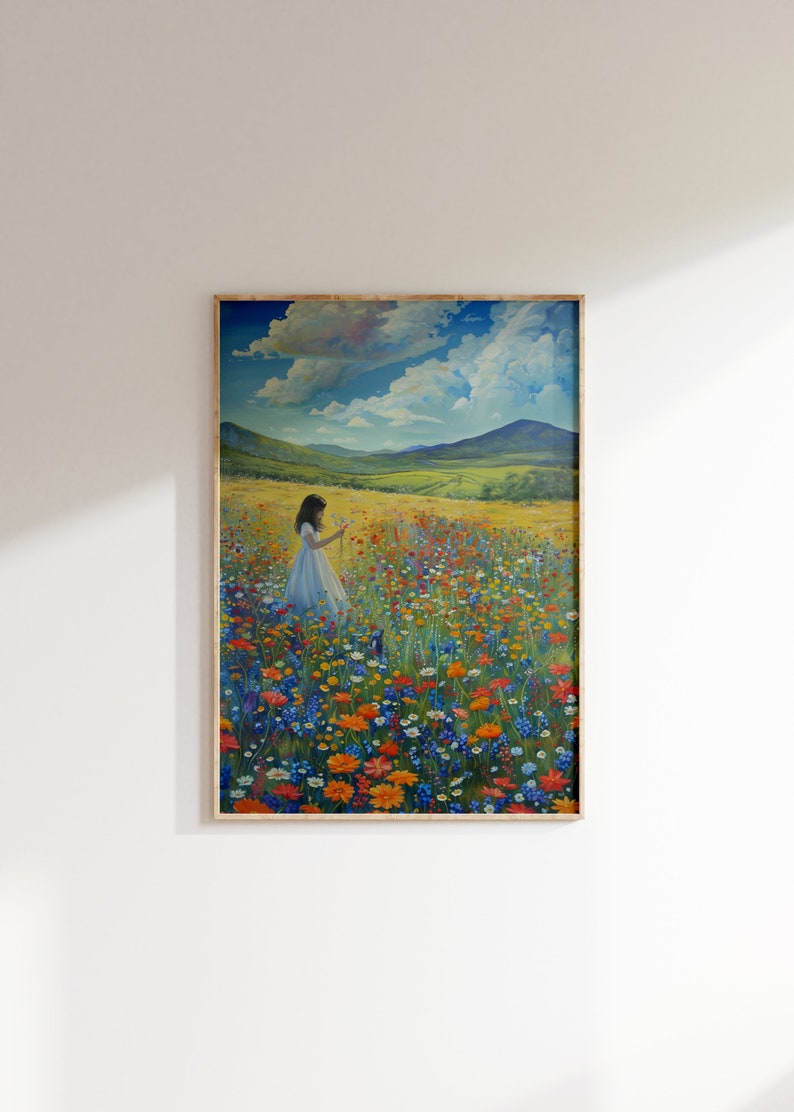 Vintage Girls Room Art Download, Girl in Flower Field Painting, Floral ...