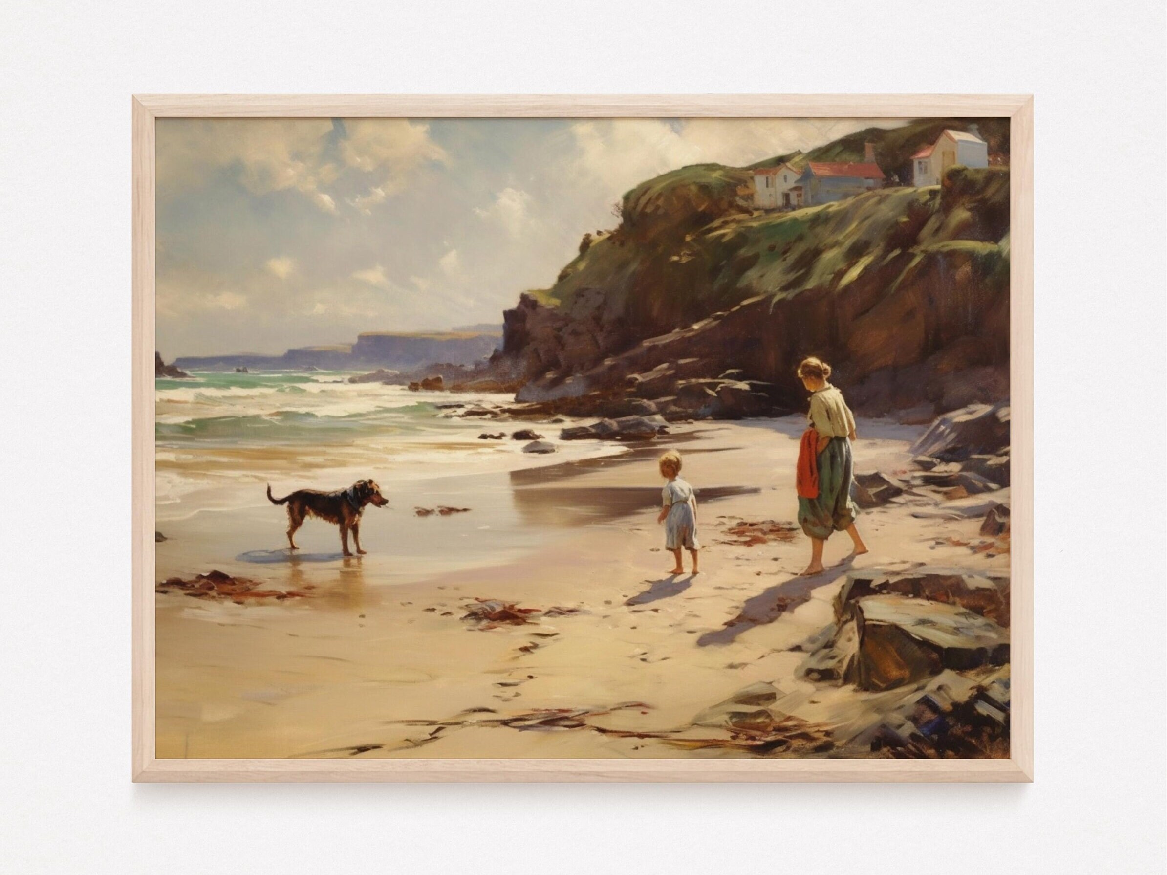Vintage Beach Landscape Oil Painting Download | Seaside Shore Ocean ...