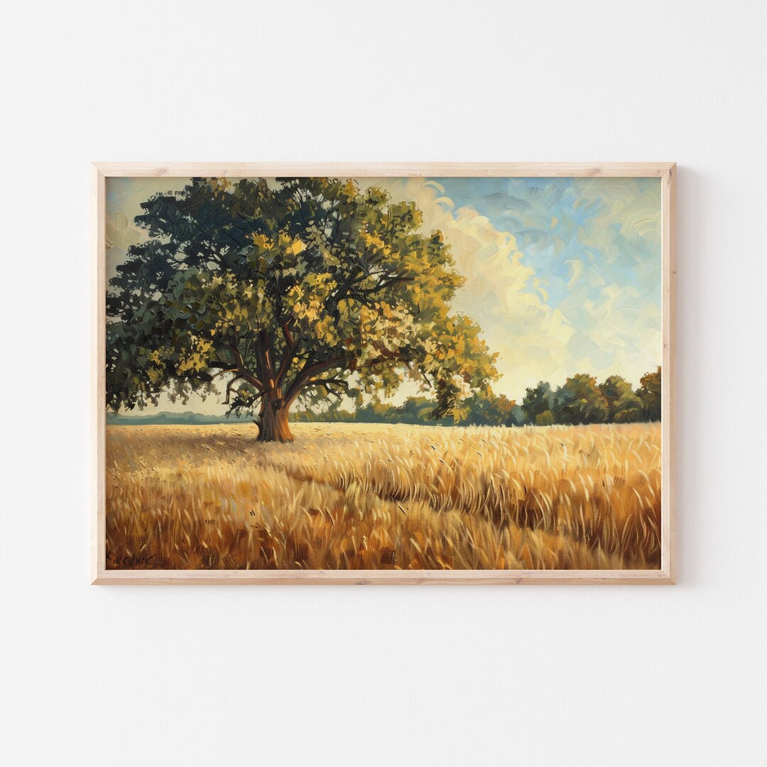 Vintage Tree Painting Download, Oak Tree in a Wheat Field Digital Print ...