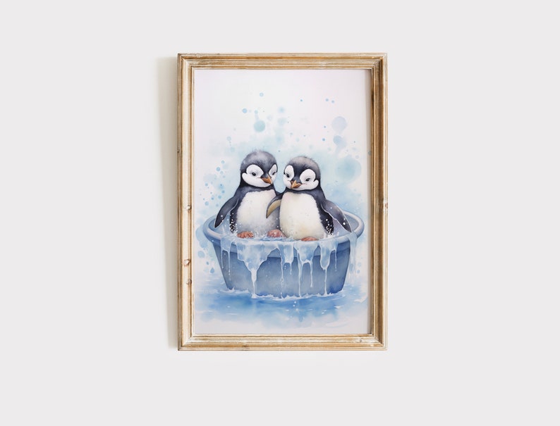 Kids Bathroom Wall Art, Penguin in the Bath Tub Printable Decor, Cute ...
