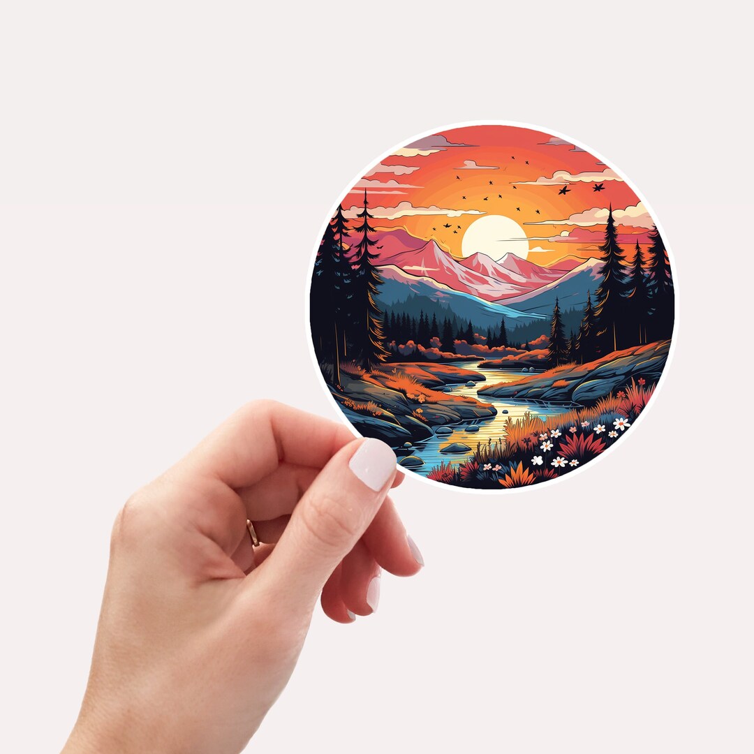Mountain Sunrise Vinyl Sticker, Mountain Scene Sticker, Sunrise Sticker ...
