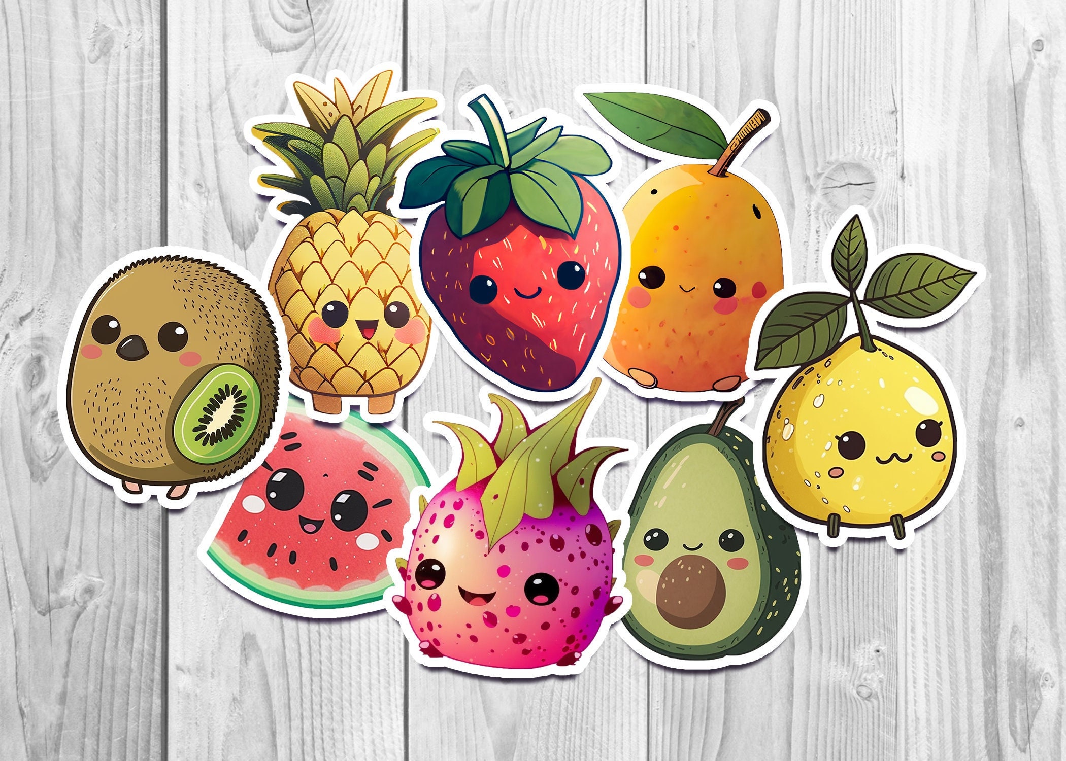 Cute Kawaii Fruit Sticker Bundle Set of 8 WATERPROOF Vinyl - Etsy