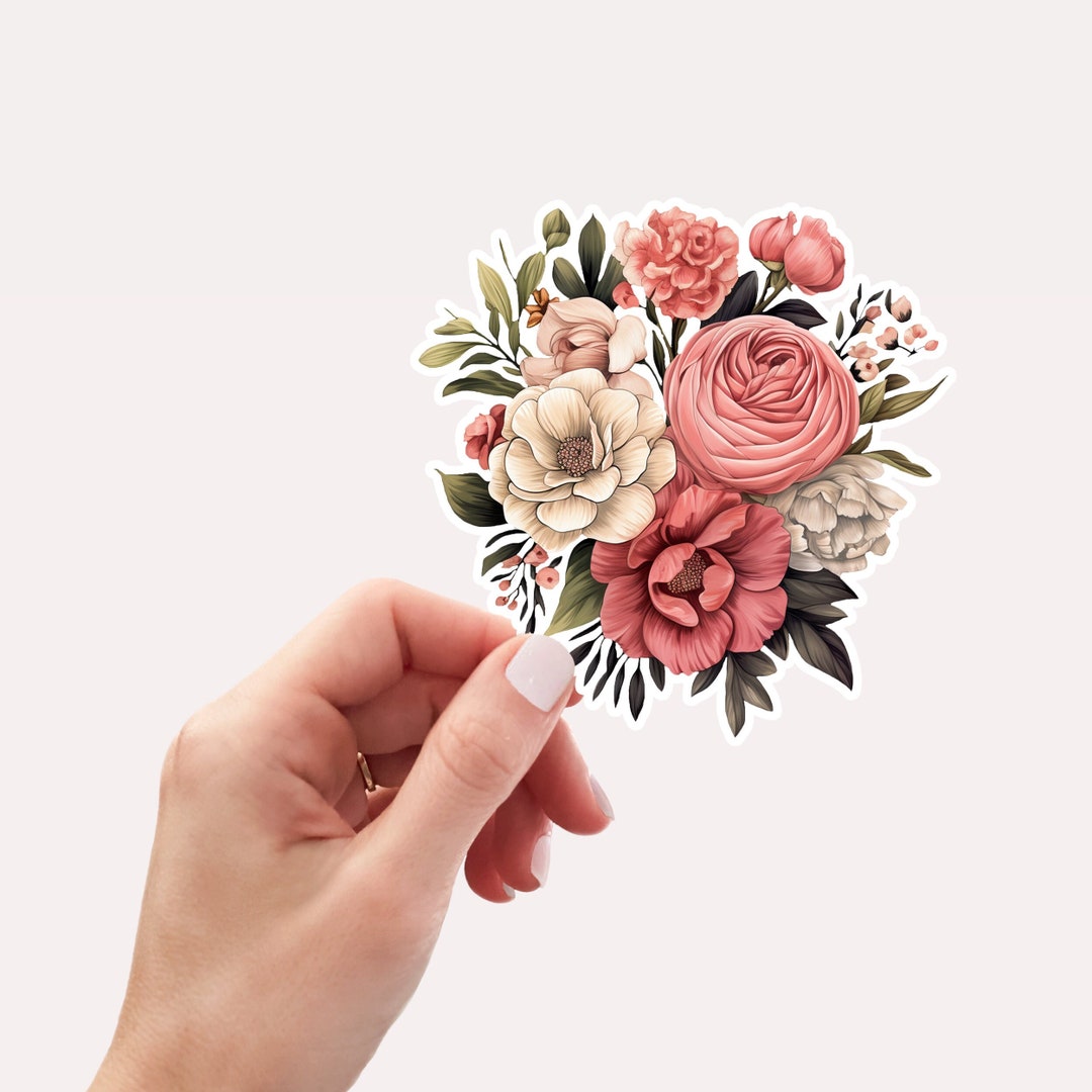 Pink Flower Bouquet Vinyl Sticker, Pink Flowers Sticker, Bouquet of ...