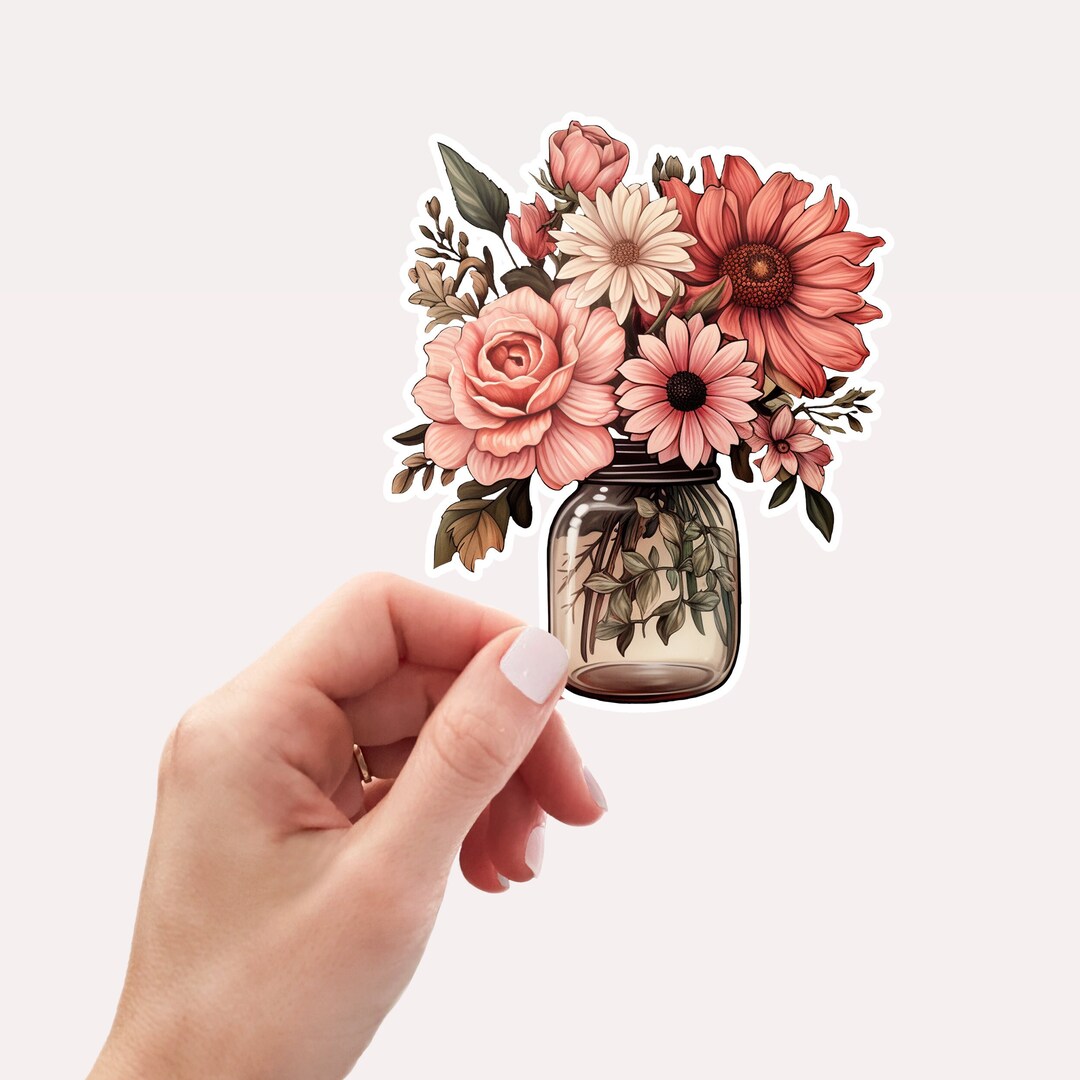 Pretty Pink Flowers in Jar Vinyl Sticker, Pink Flowers Sticker ...