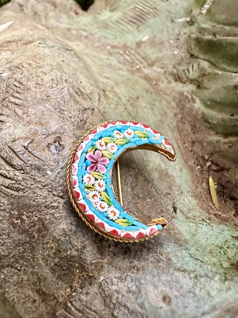 Vintage Crescent Moon Micromosaic Brooch - Etsy