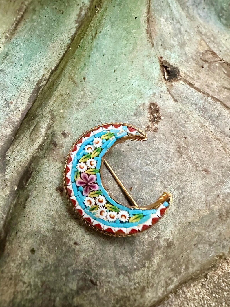 Vintage Crescent Moon Micromosaic Brooch - Etsy