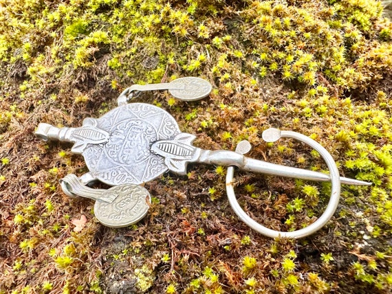 Antique Silver Moroccan Coin Fibula Brooch Pin - Gem