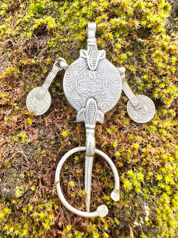 Antique Silver Moroccan Coin Fibula Brooch Pin - Gem