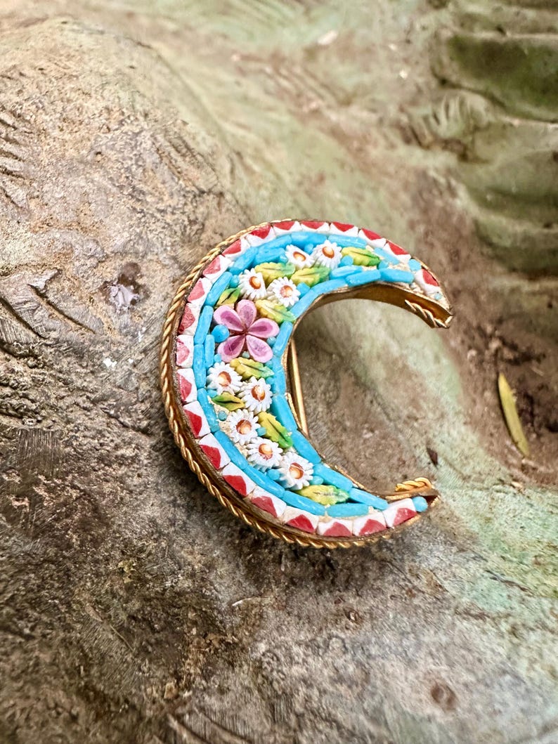 Vintage Crescent Moon Micromosaic Brooch - Etsy