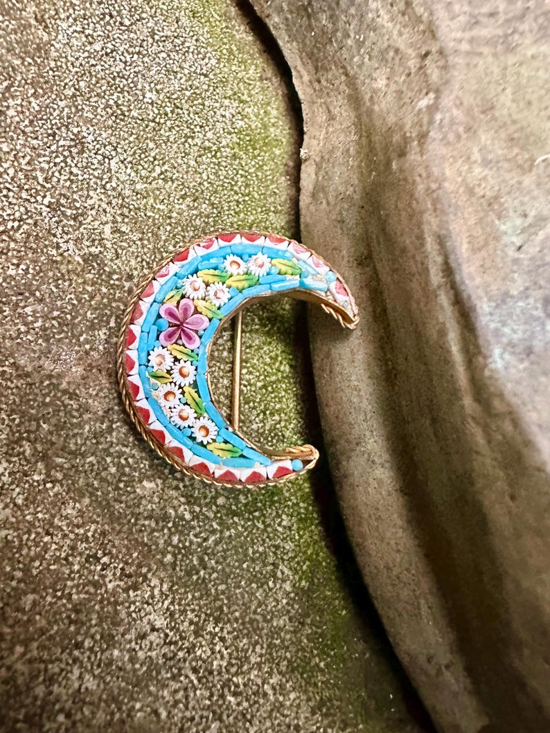 Vintage Crescent Moon Micromosaic Brooch - Etsy