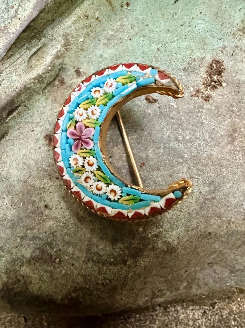 Vintage Crescent Moon Micromosaic Brooch - Etsy