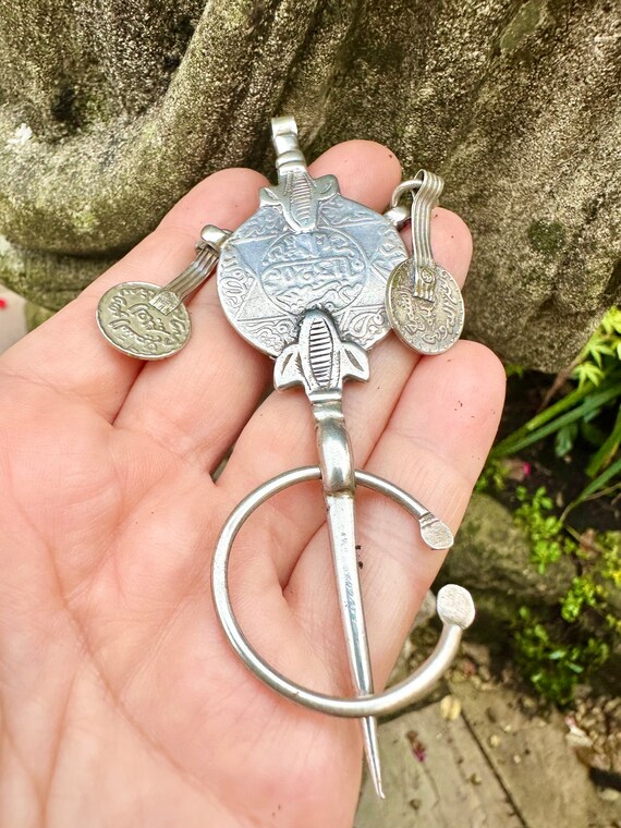 Antique Silver Moroccan Coin Fibula Brooch Pin - Gem