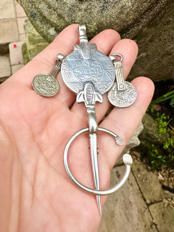Antique Silver Moroccan Coin Fibula Brooch Pin - Gem