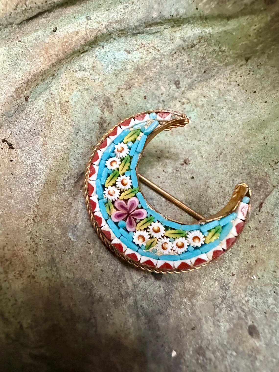 Vintage Crescent Moon Micromosaic Brooch - Etsy