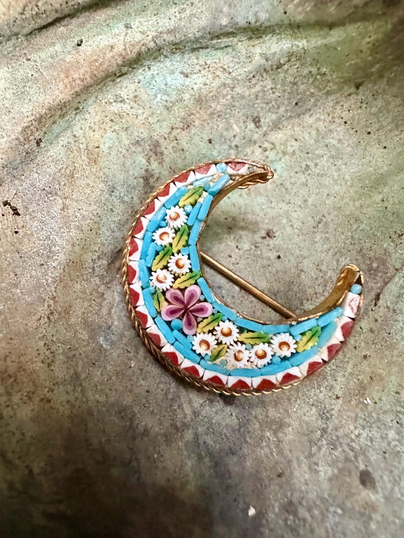 Vintage Crescent Moon Micromosaic Brooch - Etsy