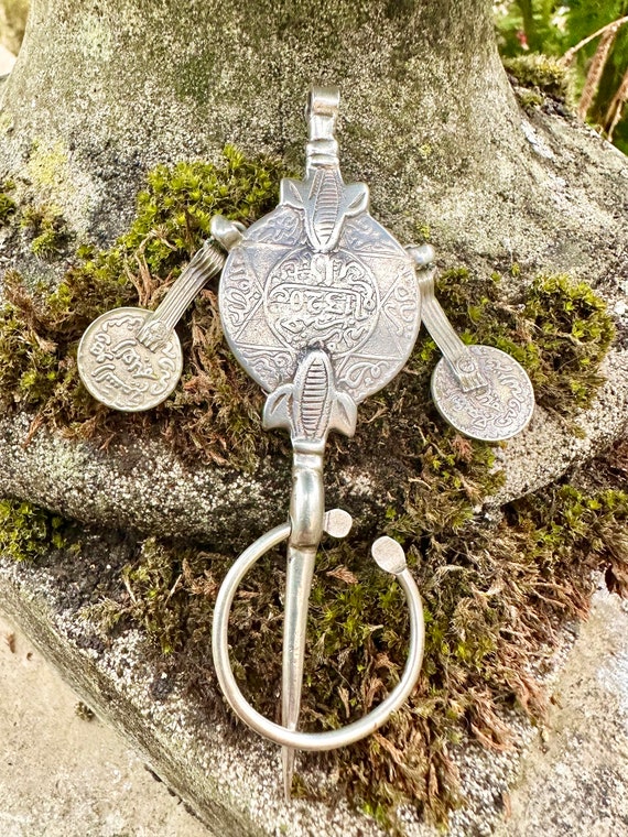Antique Silver Moroccan Coin Fibula Brooch Pin - Gem
