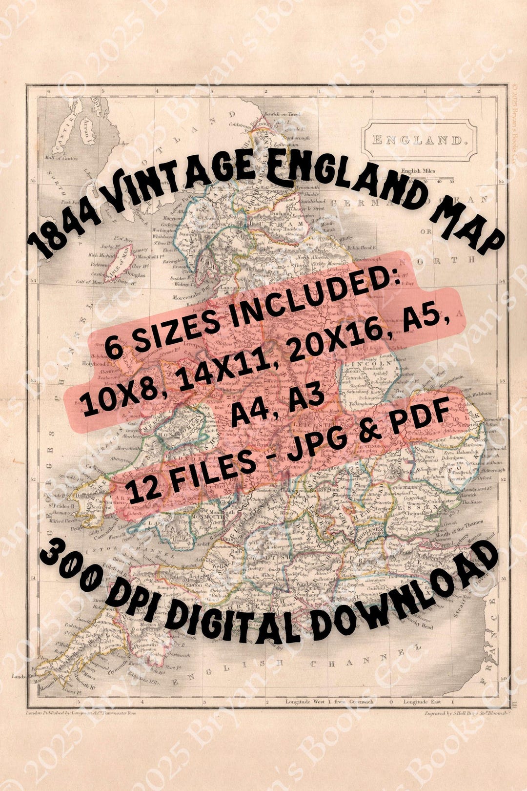 Vintage 1844 Map of England - Antique Digital Download, High-resolution ...
