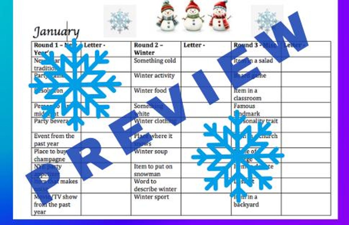January Themed Scattergories Lists - Etsy