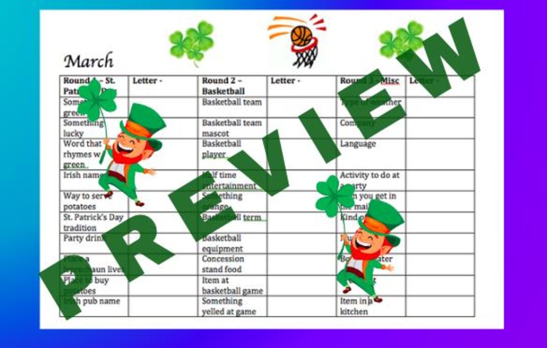 March Themed Scattergories Lists - Etsy