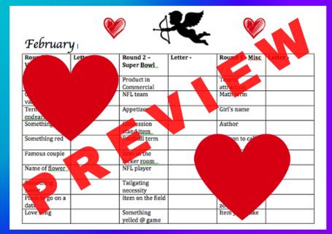 February Themed Scattergories Lists - Etsy