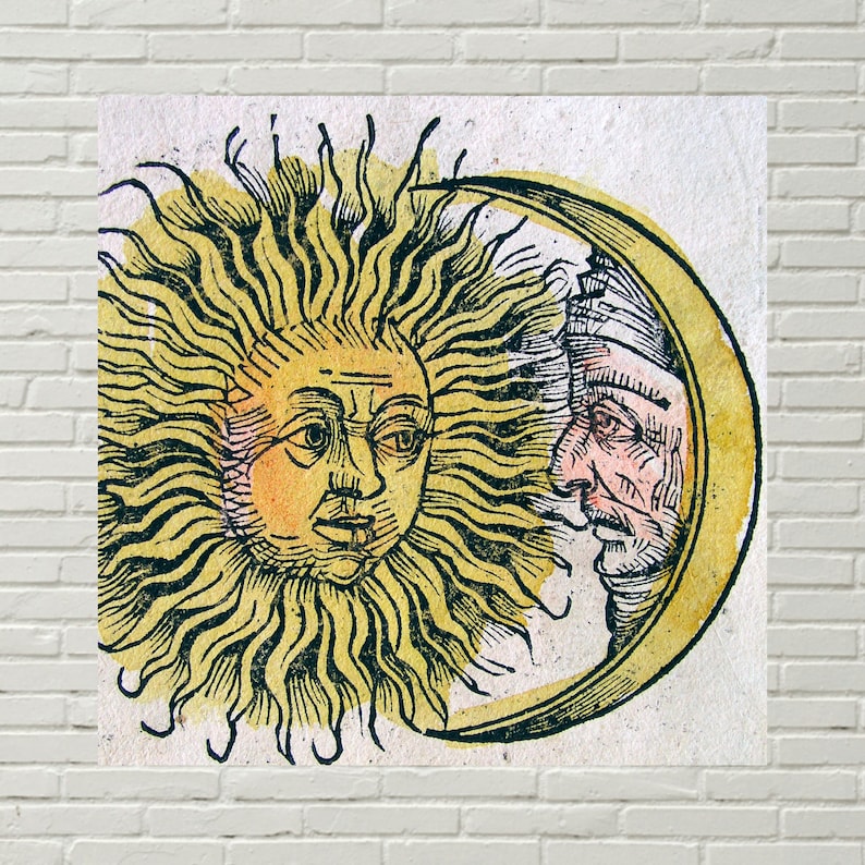 Medieval Early Renaissance Art, Antique Sun and Moon Illustration, the ...