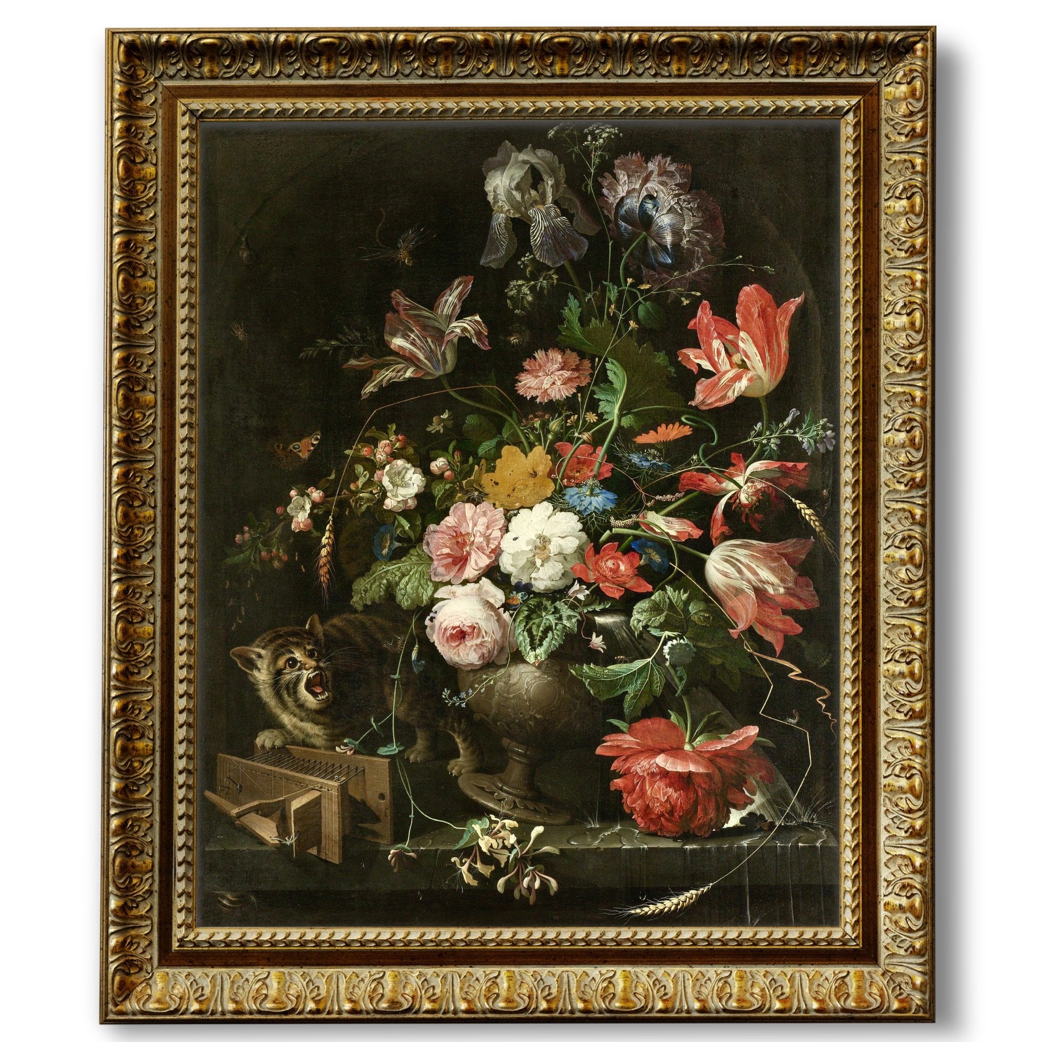 Weird Cat Renaissance Still Life, Cat Knocking Over a Vase of Flowers ...