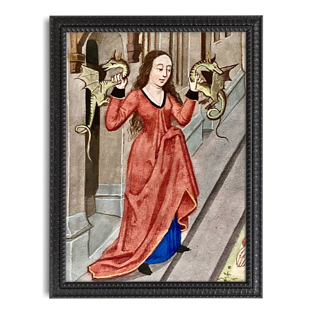 Medieval Illustration, 5x7" Witch and Dragons, 14th Century Book Illumination, 1300s 1400s Art ...