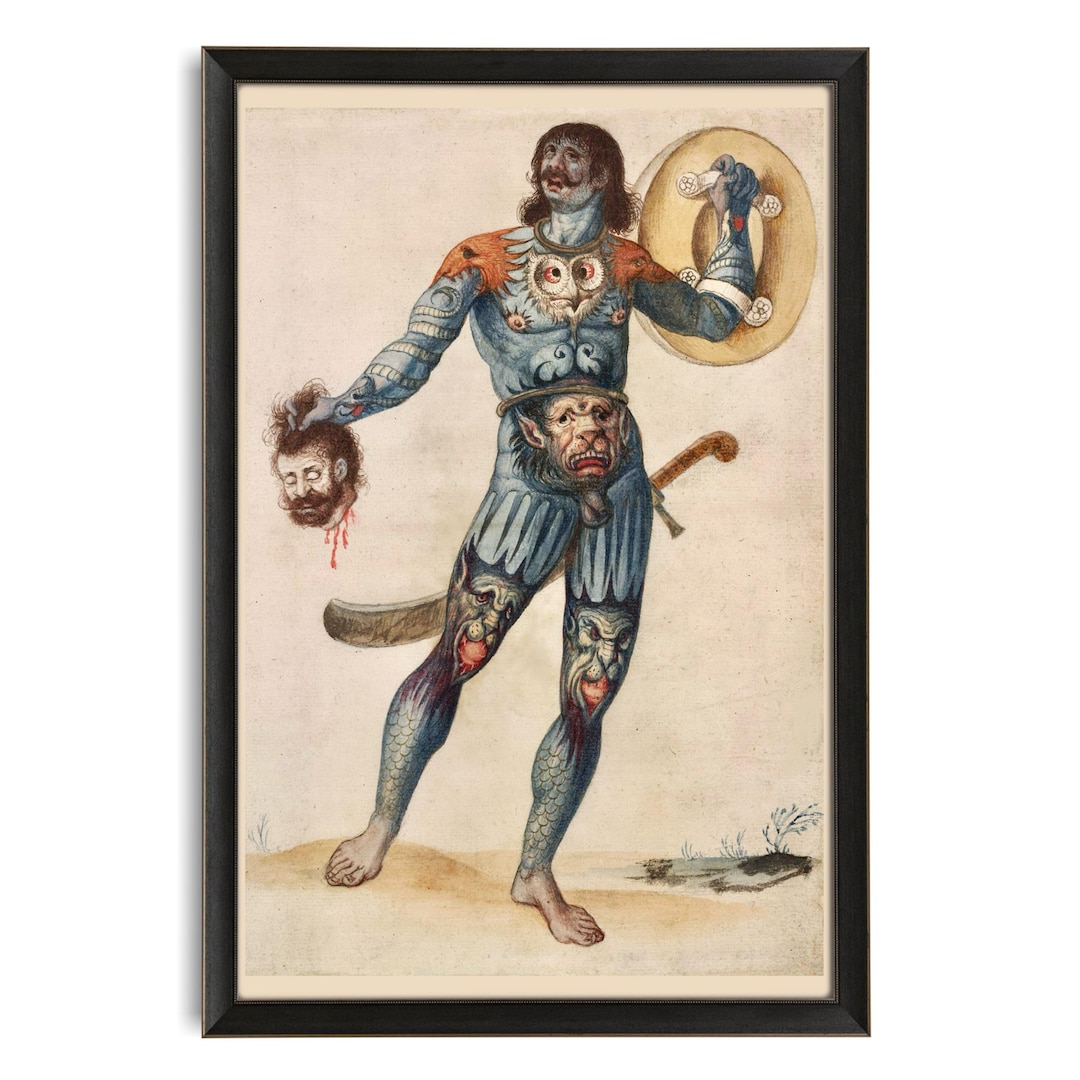 Pictish Warrior Holding a Human Head, 16th Century Art, Pict, Blue ...